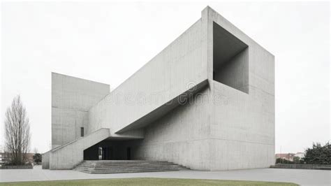 Minimalist Concrete Building With Sharp Angles And Open Spaces Against A Cloudless Sky Stock