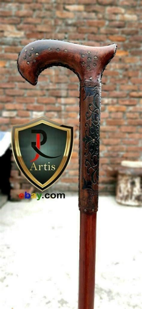 Antique Cane Walking Stick With Leather Carved Cane L… Gem