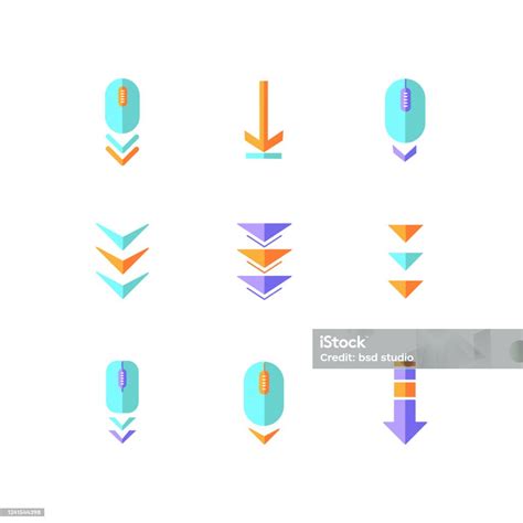 아래로 스크롤 버튼 평면 디자인 만화 Rgb 색상 아이콘 세트 인터넷 페이지 검색 및 다운로드 지표 컴퓨터 마우스 및 아래쪽