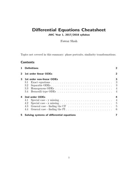 Differential Equations Cheatsheet Pdf Ordinary Differential Equation Equations