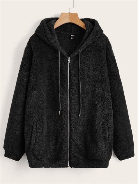 SHEIN Куртка тедди на молнии на кулиске с капюшоном