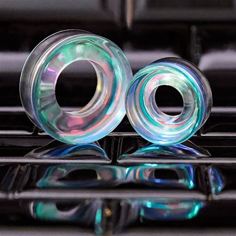 Blue And Green Iridescent Glass Plug Tunnel Gauge Double Flare Glass