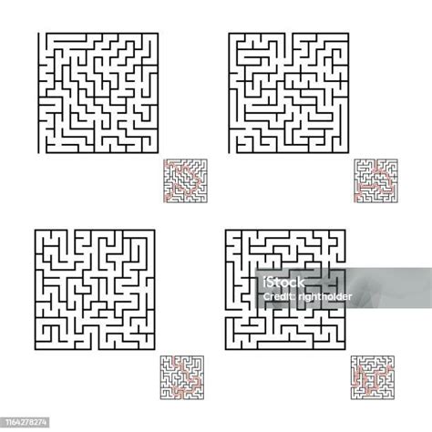 사각형 미로의 집합입니다 아이들을위한 게임 아이들을위한 퍼즐 미로 수수께끼 흰색 배경에 격리된 플랫 벡터 그림입니다 대답과 함께