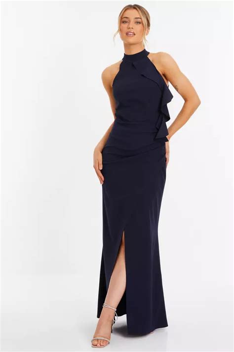 Navy High Neck Frill Wrap Maxi Dress Quiz Clothing