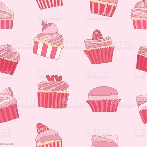 달콤하고 귀여운 손으로 그린 컵 케이크의 벡터 그림은 빨간색과 분홍색 톤입니다 낙서 아트 스타일의 매끄러운 패턴 배경 0명에 대한 스톡 벡터 아트 및 기타 이미지 Istock