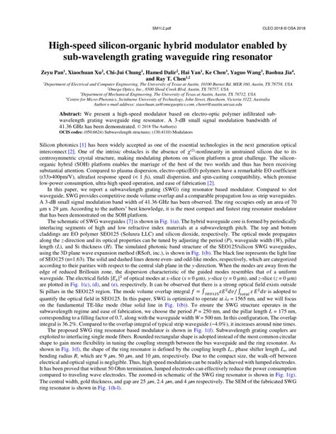 Pdf High Speed Silicon Organic Hybrid Modulator Enabled By Sub Wavelength Grating Waveguide