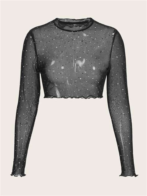 Shein X Priscilla Block Lettuce Trim Sheer Mesh Crop Top Without Bra