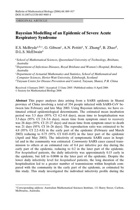 Pdf Bayesian Modelling Of An Epidemic Of Severe Acute Respiratory Syndrome