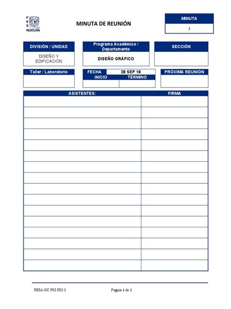 Formato Minuta De Reunión Pdf