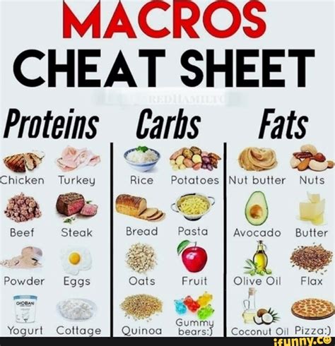 Macros Cheat Sheet Proteins Carbs Fats Chicken Turkey Rice Potatoes
