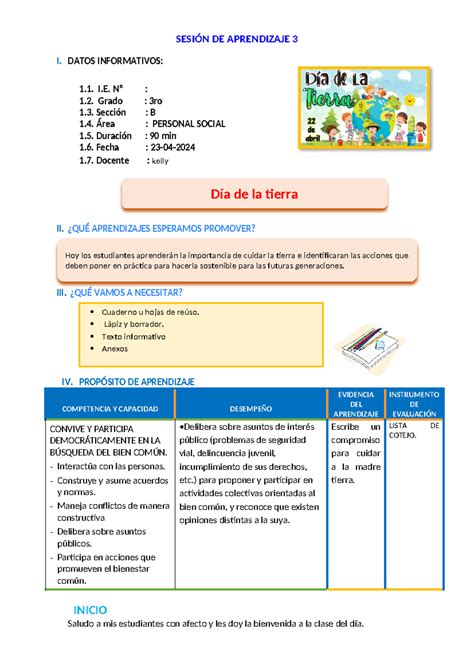 Sesion Ps Día De La Tierra SesiÓn De Aprendizaje 3 I Datos