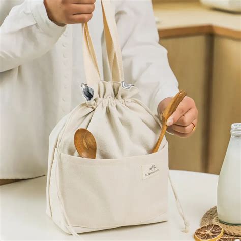 Insulated Lunch Bag Drawstring Canvas Tote Thermal Bento Box Cooler