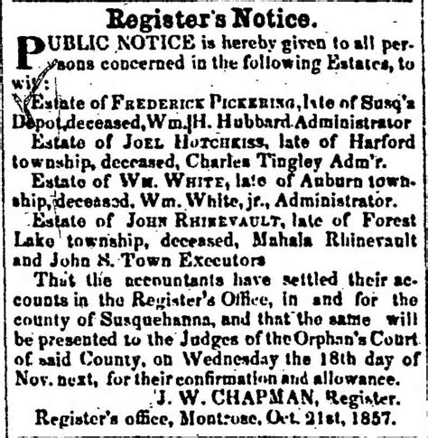 1857 Death Notices And Obituaries Susquehanna County Pennsylvania