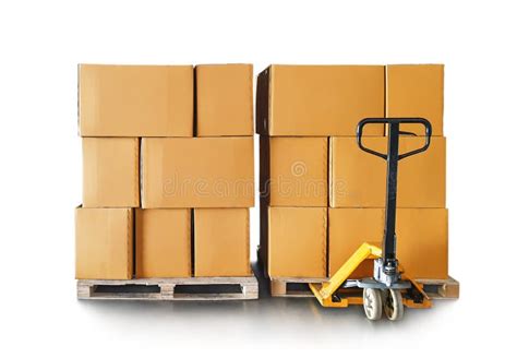 Packaging Boxes Stacked On Pallets With Hand Pallet Truck Isolated On