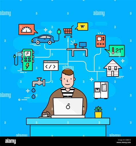 Smiling Man Using Notebook Computer With Icons Related To Internet Of