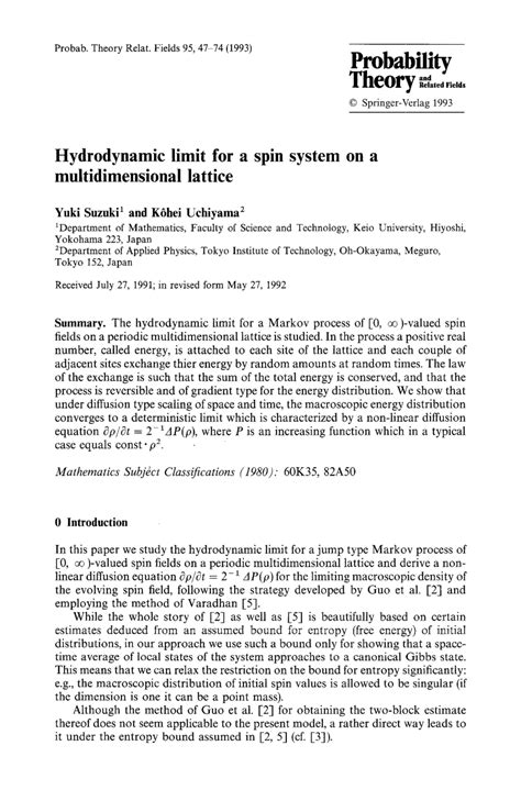 Pdf Hydrodynamic Limit For A Spin System On A Multidimensional Lattice