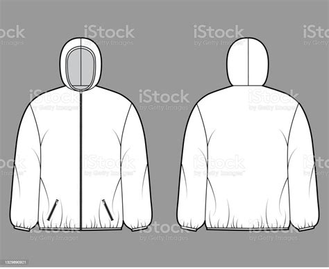 퍼퍼 코트 재킷 기술 패션 일러스트와 긴 소매 후드 칼라 포켓 박시 핏 엉덩이 길이 0명에 대한 스톡 벡터 아트 및 기타 이미지