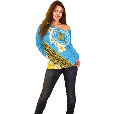 Tuvalu Plumeria Flowers Off Shoulder Sweater Polynesian Tribal Pattern Lt9
