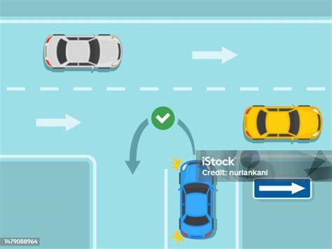안전 자동차 운전 교통 규제 규칙 및 팁 일방 통행 도로 표지판이있는 3 방향 교차로에서 좌회전하지 마십시오 파란색 세단 자동차가 좌회전하고 있습니다 유턴에 대한 스톡 벡터