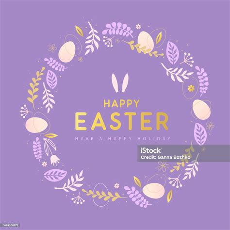 꽃 장식 요소와 토끼 귀가있는 행복한 부활절 달걀 플랫 스타일 현대 부활절 배경입니다 인사말 카드 또는 포스터 벡터 그림 3월에 대한 스톡 벡터 아트 및 기타 이미지