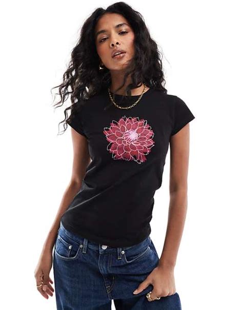 Asos Design Floral Graphic Fitted Tee In Black Asos