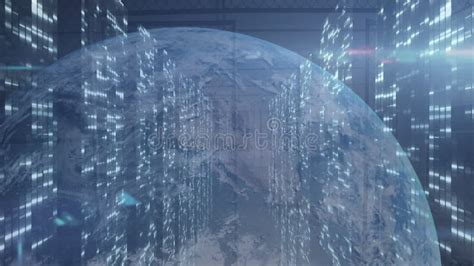 Animation Of Falling Bar Graphs And Lens Flare Over Rotating Globe Against Black Background