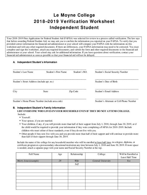 Fillable Online 2018 2019 Dependent Verification Worksheetpdf Fax