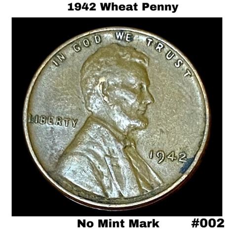 Rare 1942 No Mint Mark Lincoln Wheat Penny 1c One Cent Copper Us Coin