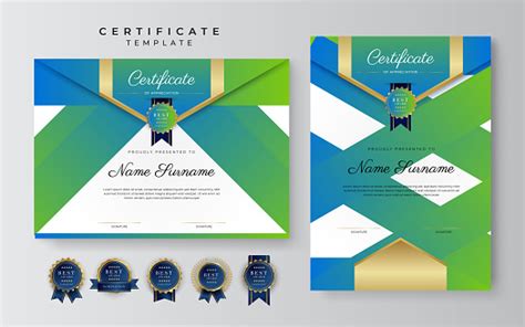 파란색과 녹색 금색 인증서 고급 배지와 현대적인 라인 패턴이있는 업적 경계 템플릿 수상 비즈니스 및 교육 요구 사항 감탄에 대한 스톡 벡터 아트 및 기타 이미지 Istock
