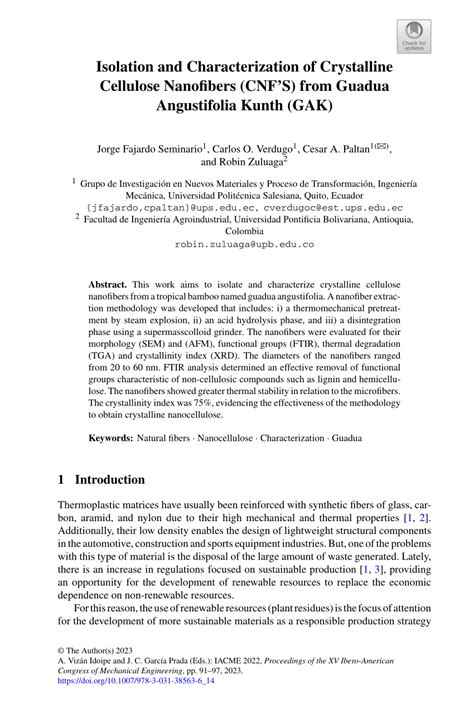 Pdf Isolation And Characterization Of Crystalline Cellulose Nanofibers Cnfs From Guadua