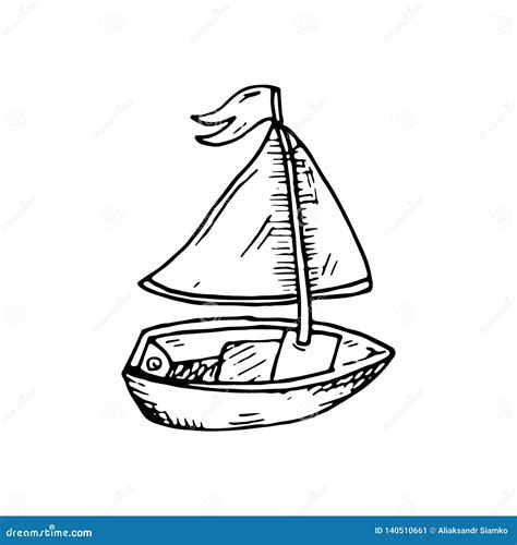 Hand Drawn Wooden Boat With Sail And Flag Doodle Sketch Style Icon