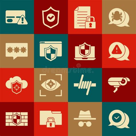 Set Check Mark In Speech Bubble Security Camera Exclamation Triangle Document And Lock