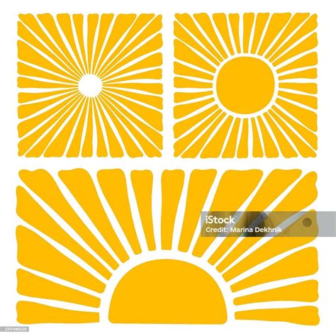 Retro Groovy Sun Background Set Doodle Retro Hippie Style Sunburst
