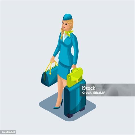 아이소메트리 국제 항공편 작품 가방 물건에 스튜 어디 스 여자의 공항 비행기 공항에 대한 스톡 벡터 아트 및 기타 이미지