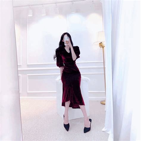 [버건디 당일배송♡] 하와 버건디 벨벳 브이넥 머메이드 겨울 결혼식 하객룩 모임룩 파티 롱 원피스 Good Quality