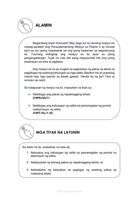Filipino 4 Ikaapat Na Markahan Modyul 3 Pagbibigay Ng Paksa Sa Teksto