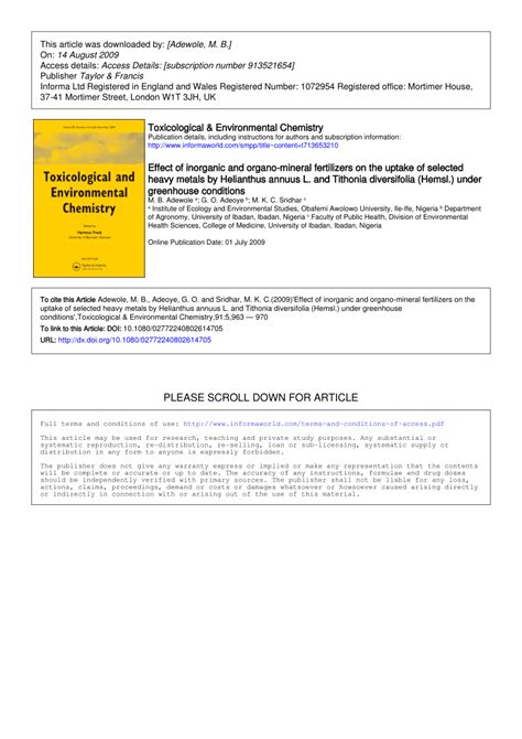 Pdf Effect Of Inorganic And Organo Mineral Fertilizers On The Uptake Of Selected Heavy Metals