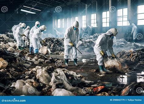 Workers In White Uniforms And Protective Masks Clean And Sort Garbage