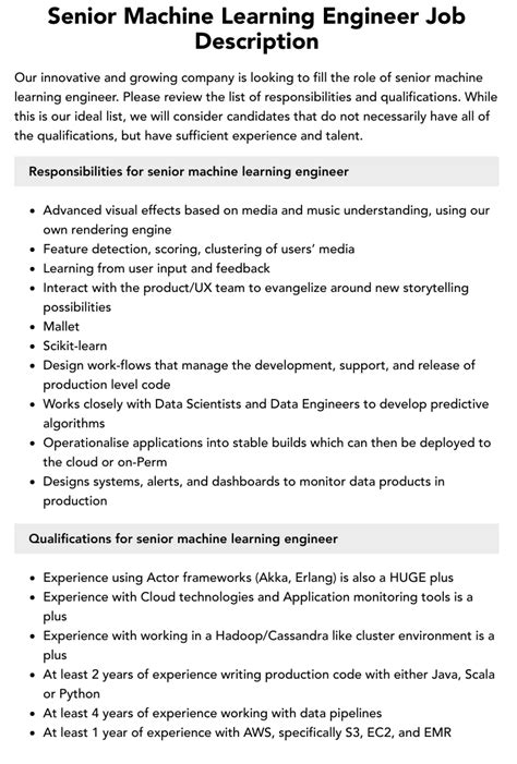Senior Machine Learning Engineer Job Description Velvet Jobs