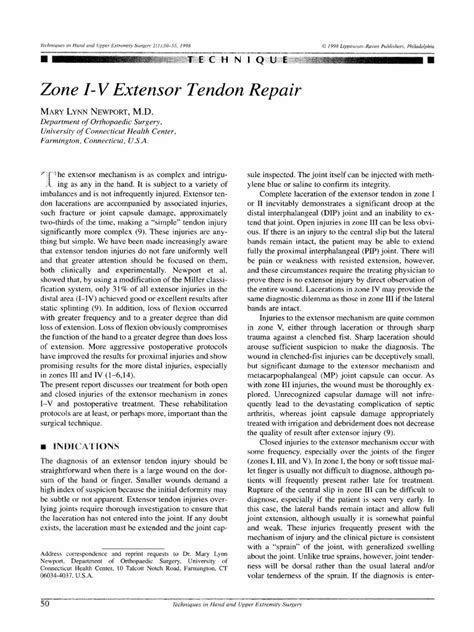 Zone I V Extensor Tendon Repair Mary Lynn Newport M D Pdf Finger Hand