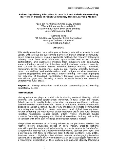 Enhancing History Education Access In Rural Sabah Overcoming Barriers In Paitan Through
