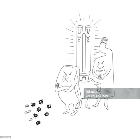 손으로 그린된 낙서 스케치 라인 아트 벡터 풍자 만화 일러스트 레이 션의 Soap Uv 램프 Disinsector 그리고 화장실