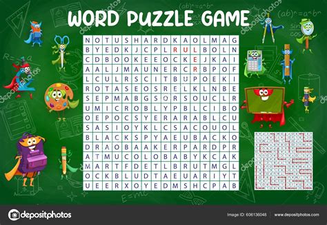 Word Search Puzzle Game Cartoon School Education Superhero Characters