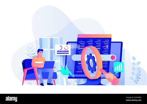 Seo Optimization Concept In Flat Design Setting Up Search Engine Scene Template Man Works On