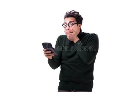 The Nerd Young Man With Calculator Isolated On White Stock Image Image Of Calculation Banking