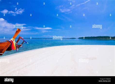 Amazing View Of Beautiful Beach With Traditional Thailand Longtale Boat