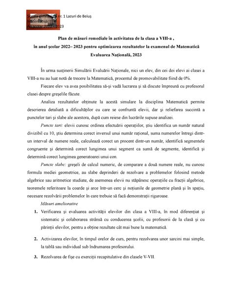 Plan de masuri remediale 2023 VIII Școala gimnazială nr 1 Lazuri de