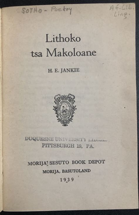 Lithoko Tsa Makoloane Poems In Sesotho By Jankie H E Wraps 1939