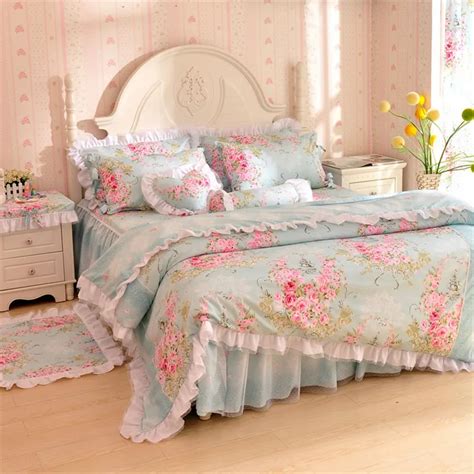 4pcs Korean Pastoral Princess Bedding Set Cotton Lace Splice Beautiful