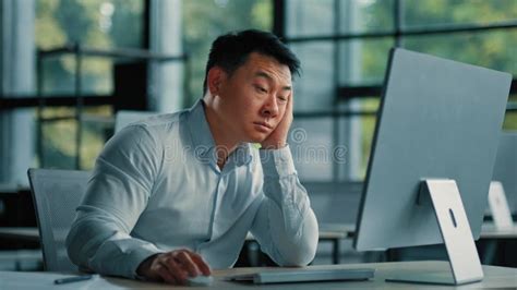 Bored Lazy Asian Worker Businessman Korean Japanese Man Exhausted Weary